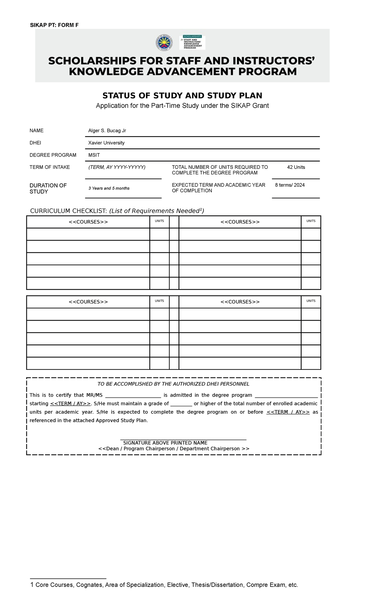 [PART-TIME] Status of Study - STATUS OF STUDY AND STUDY PLAN ...