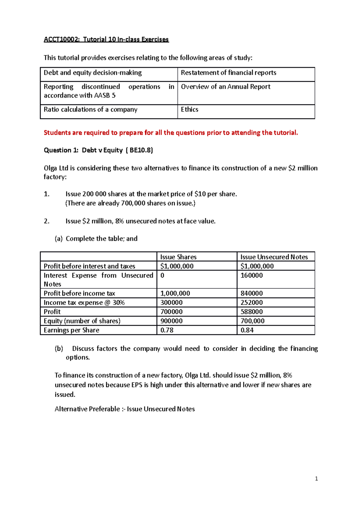 ACCT10002 Tutorial 10 In-class Exercises - ACCT10002 - Unimelb - Studocu