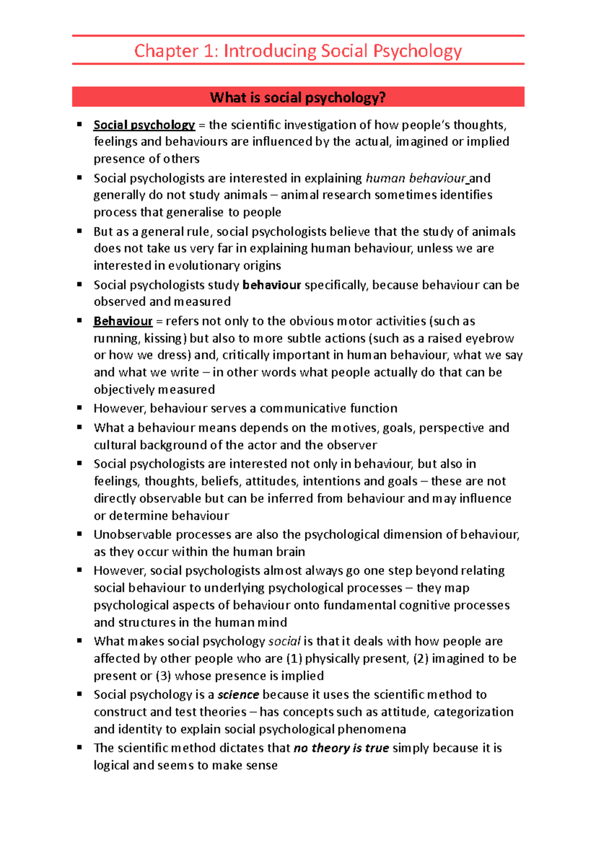 Semester Test Notes - Chapter 1: Introducing Social Psychology What is ...