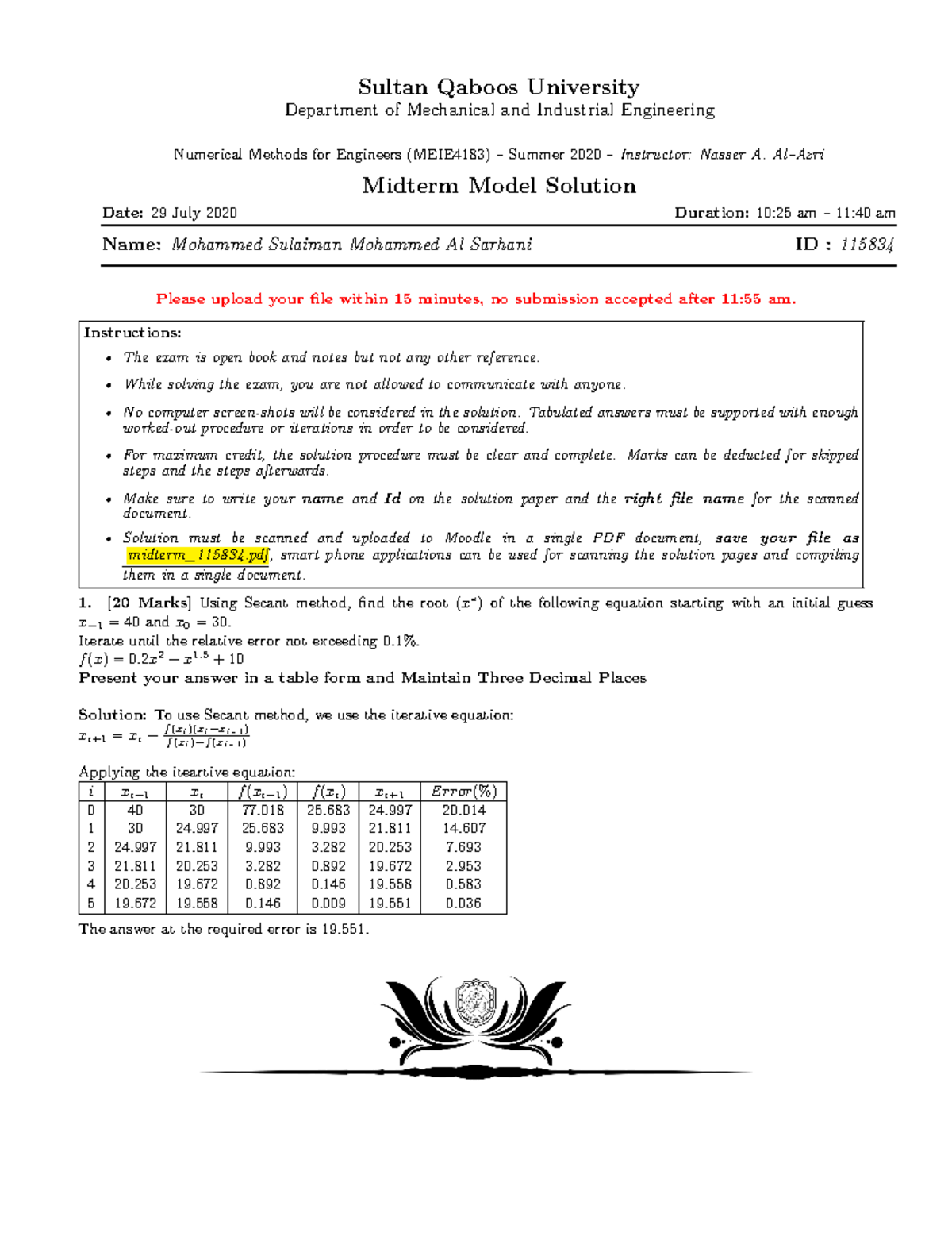 Numerical methods Mid Solu SU20 - Sultan Qaboos University Department ...