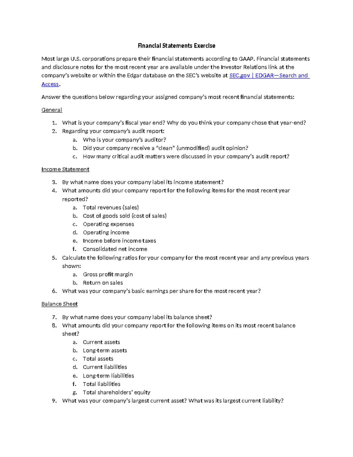 Financial Statement Exercise - Competing Firms - Financial Statements Exercise Most large U ...