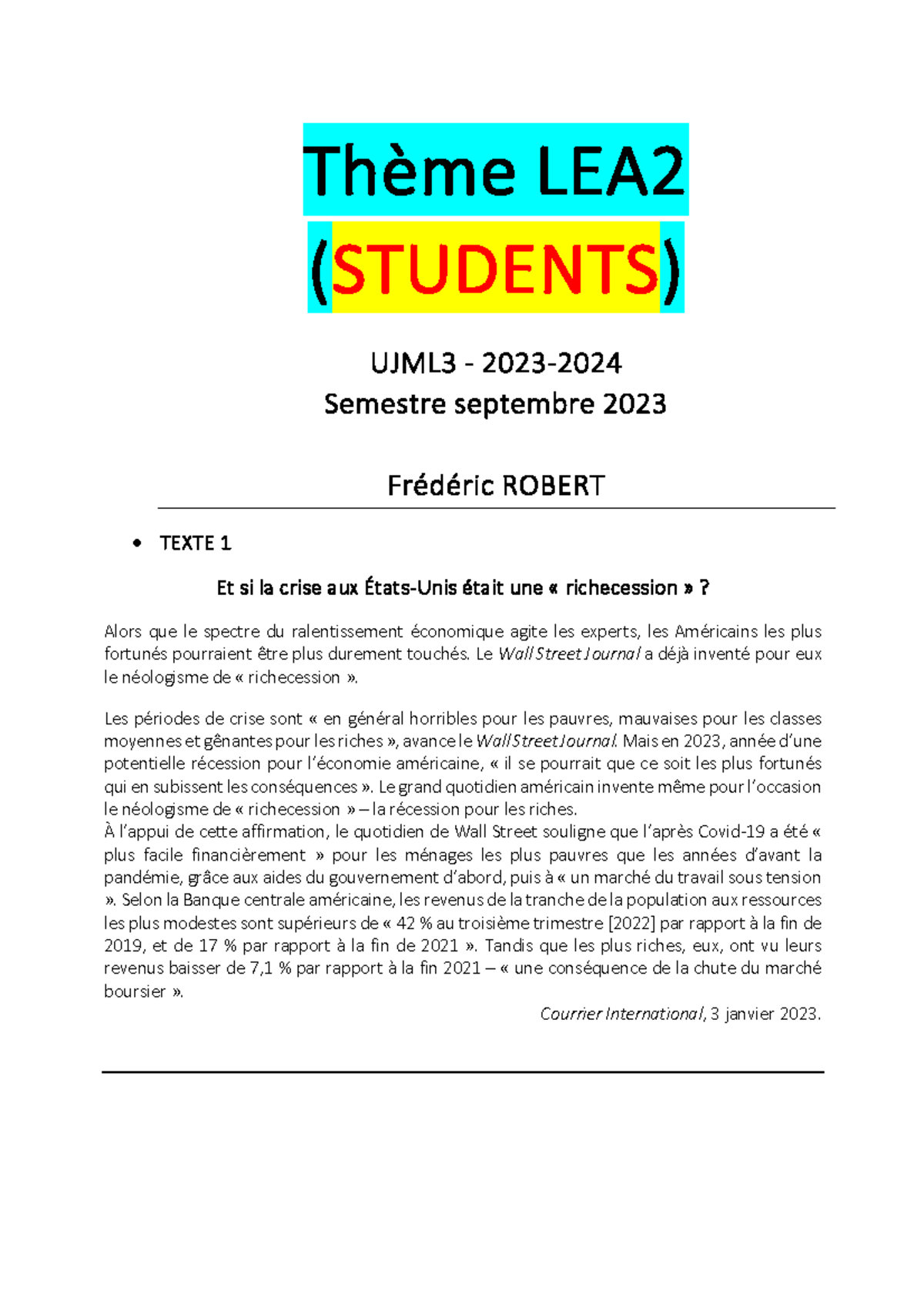 1- Fascicule Students Septembre 2023-3 - Thème LEA (STUDENTS) UJML3 - 2023 - 2024 Semestre ...