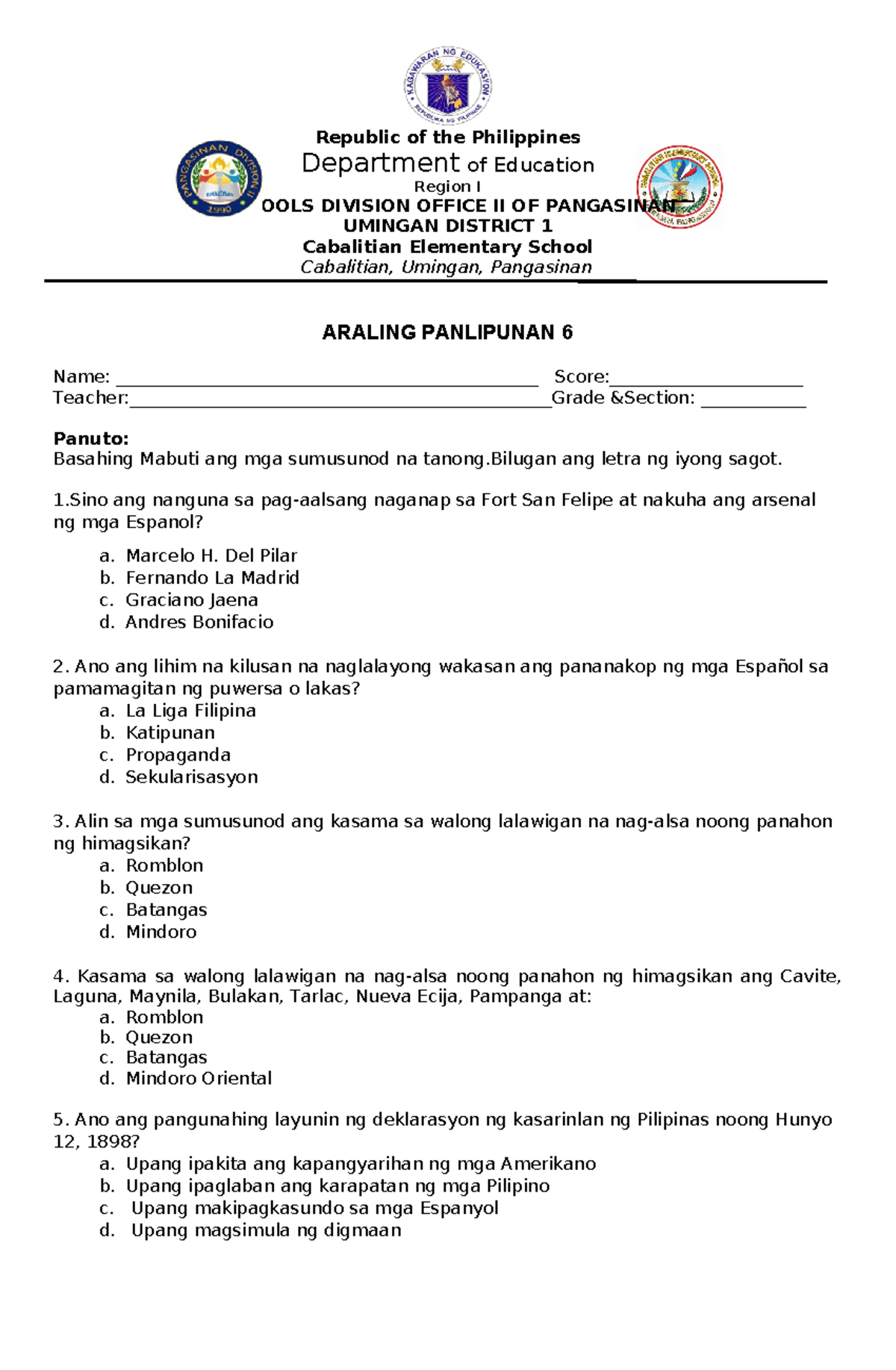 AP 6- First Quarter TEST 2024-2025 - ARALING PANLIPUNAN 6 Name: - Studocu