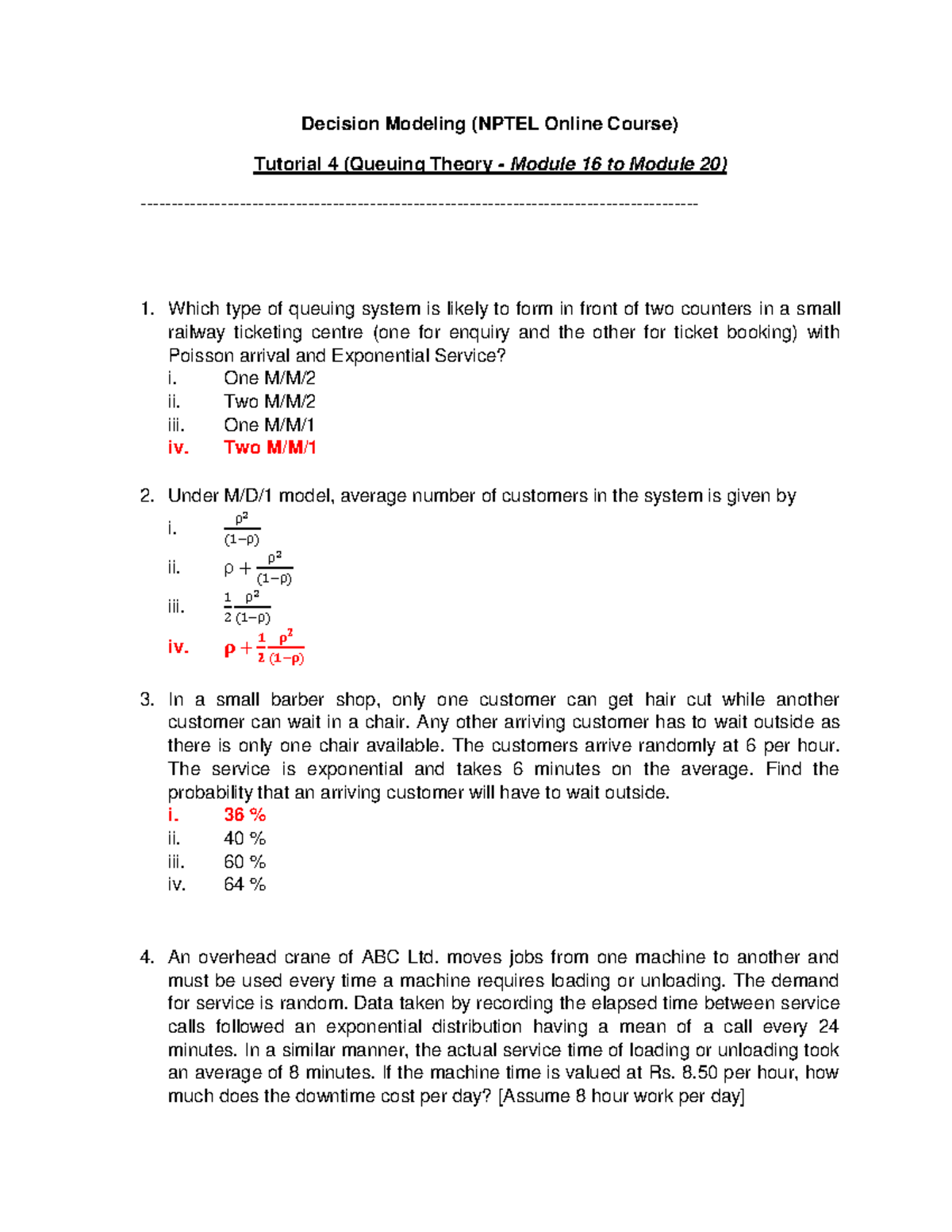 Assignment-4solution for 123 - Decision Modeling (NPTEL Online Course) Tutorial 4 (Queuing ...