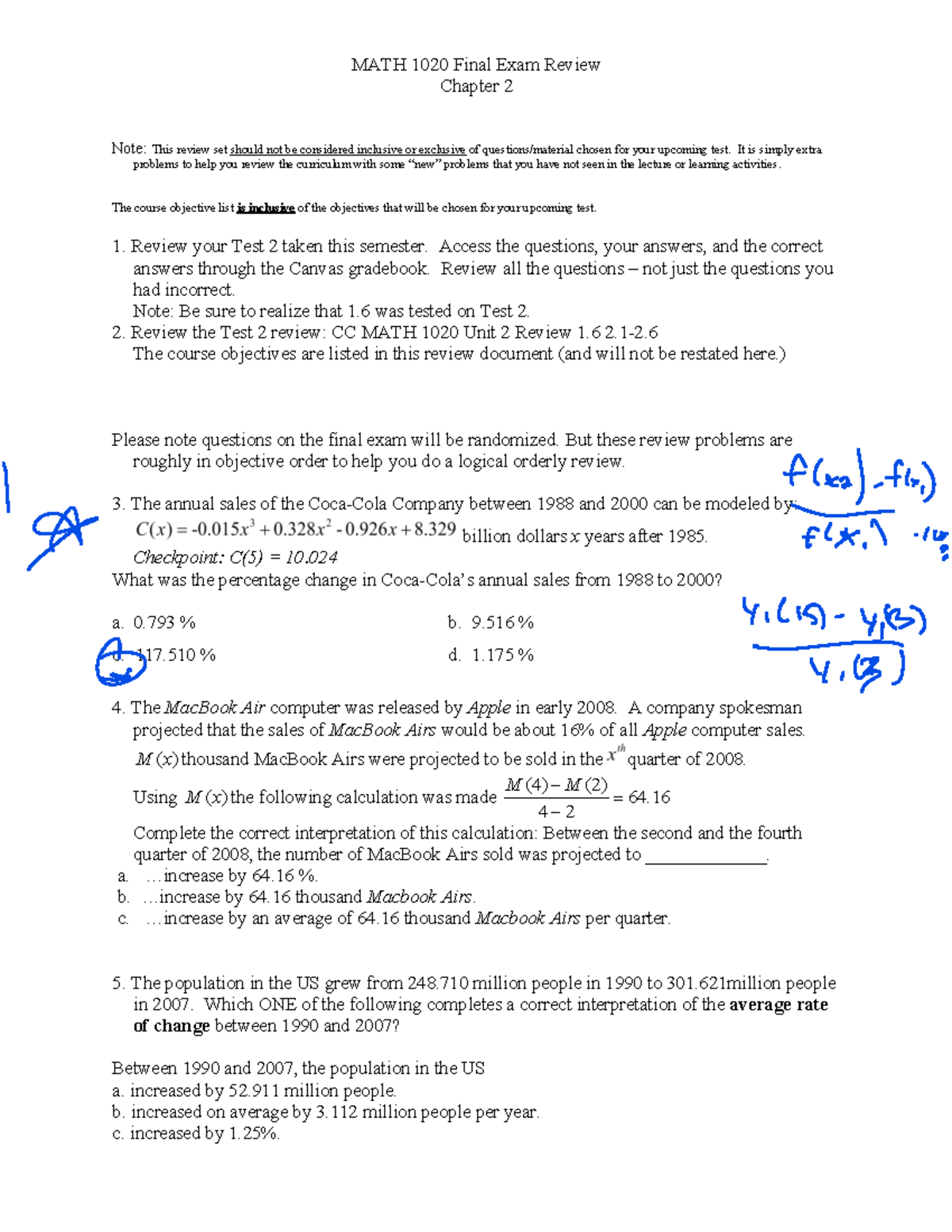 MATH 1020 FE Review - Chapter 2 - MATH 1020 Final Exam Review Chapter 2 ...