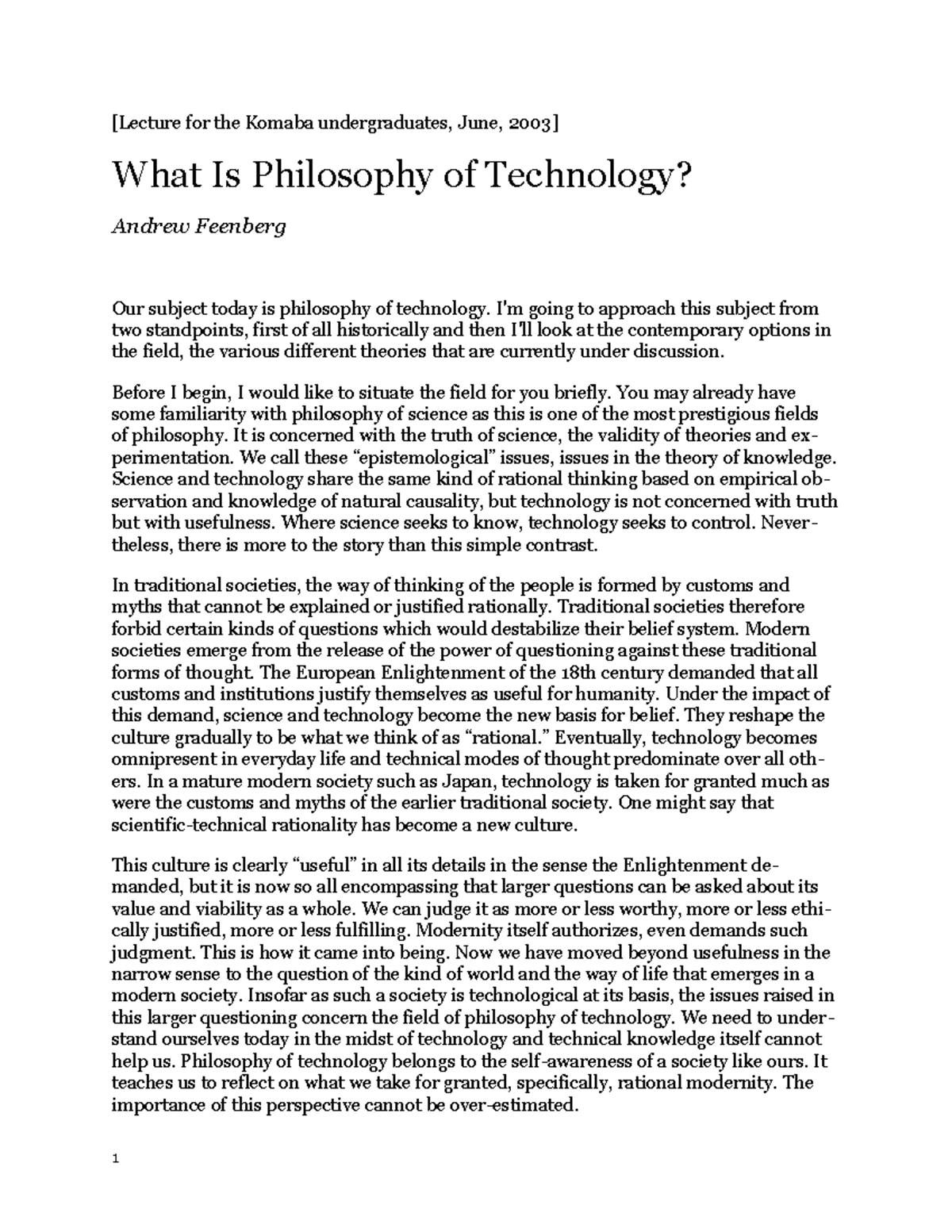 Week13 - Feenberg - What is Philosophy of Technology - [Lecture for the ...
