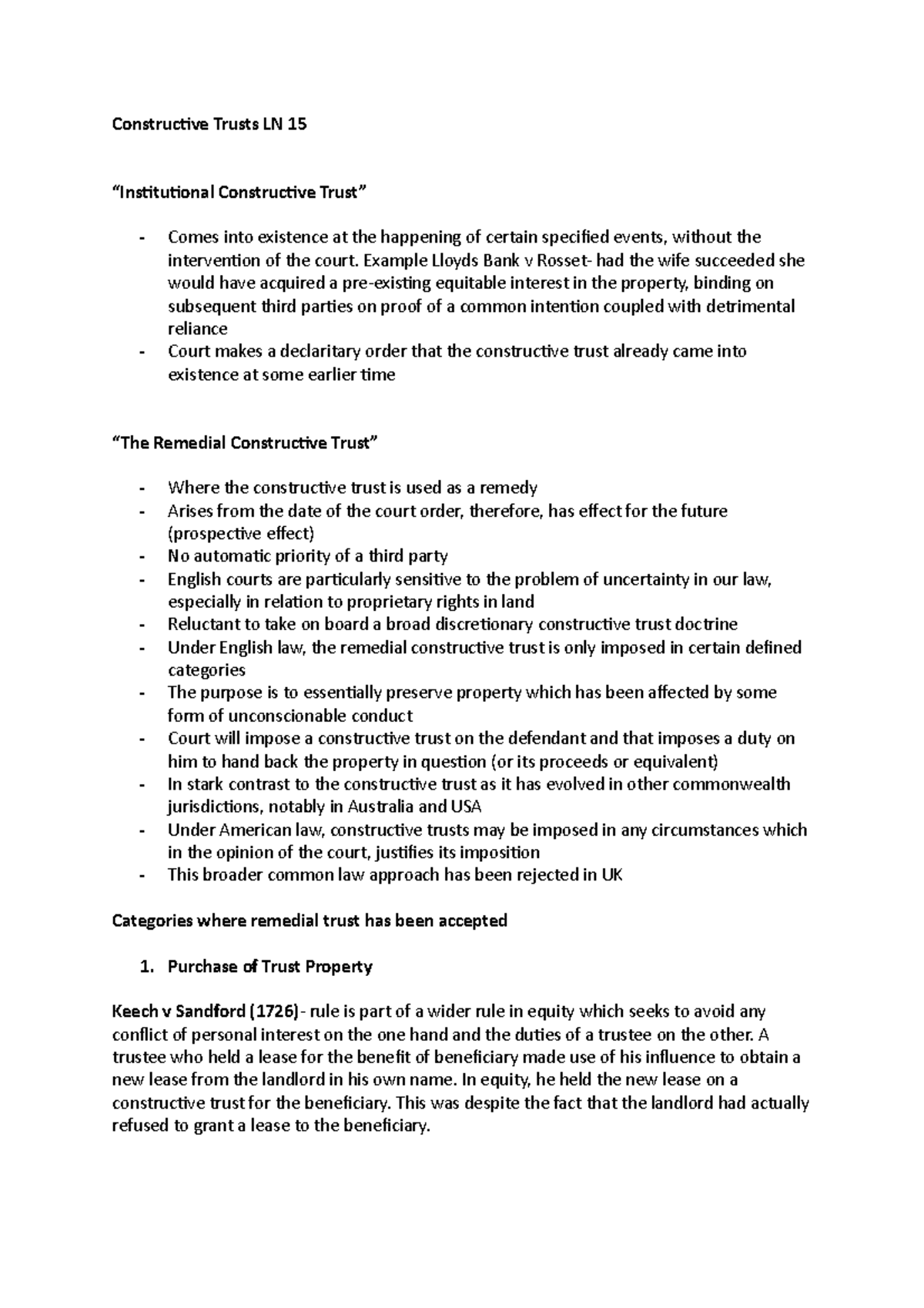 Constructive Trusts LN 15 - Example Lloyds Bank v Rosset- had the wife ...