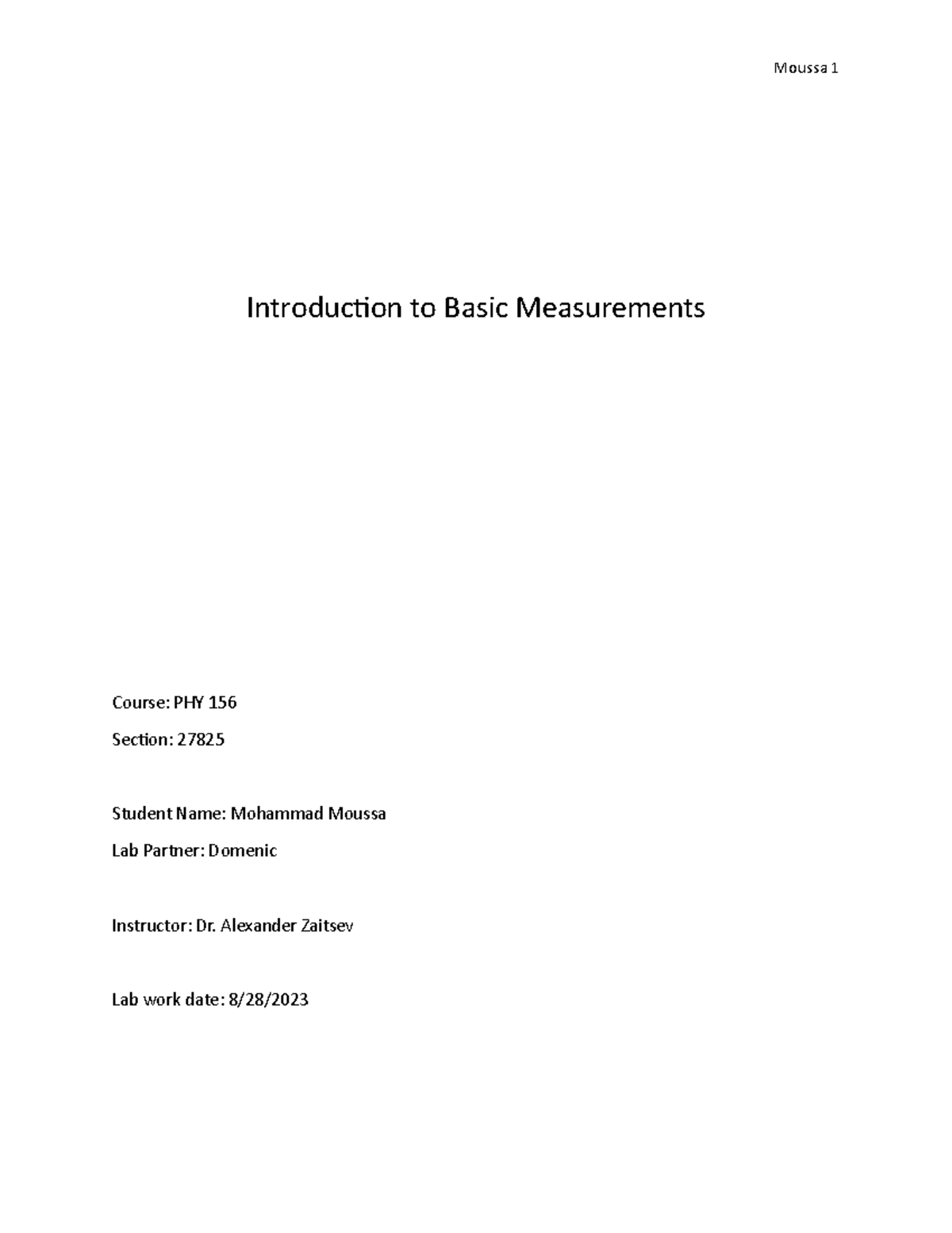 Labreportphysics 1 - labreport 1 - Introduc琀椀on to Basic Measurements ...