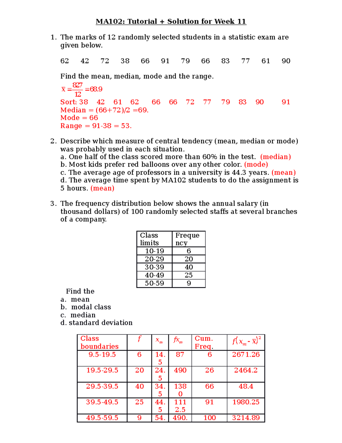 MA102 Tut (for wk11) Soln - MA102: Tutorial + Solution for Week 11 The marks of 12 randomly ...