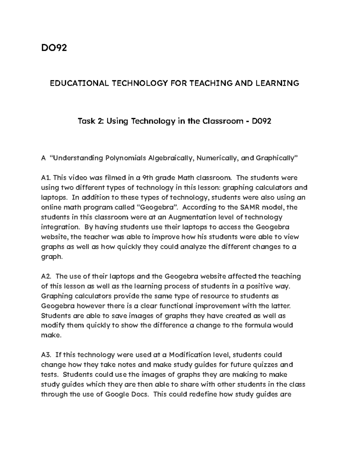 DO92 Task 2 Using Technology in the Classroom - DO EDUCATIONAL ...
