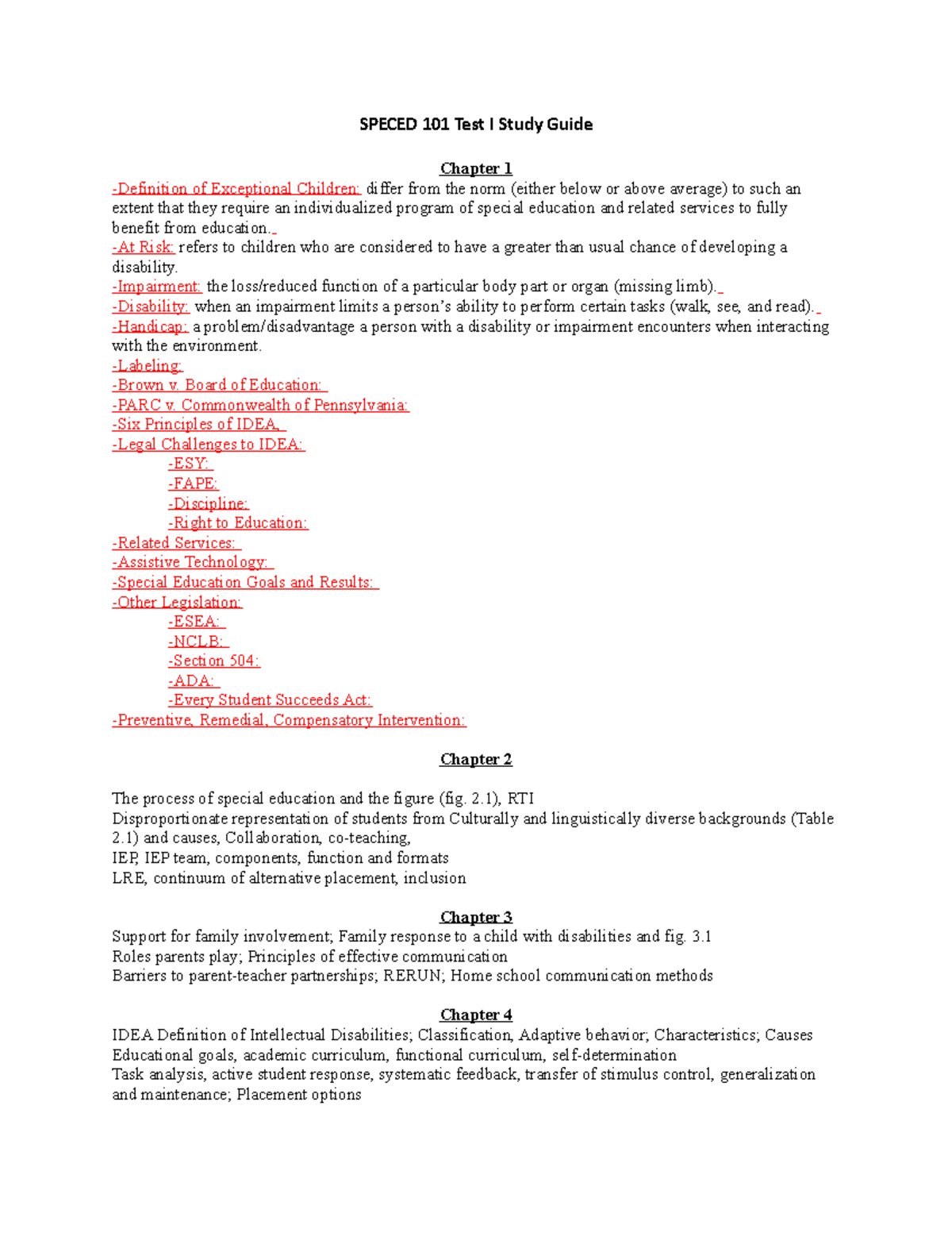 S Peced 101 Final Exam Study Guide 1 - SPECED 101 Test I Study Guide ...