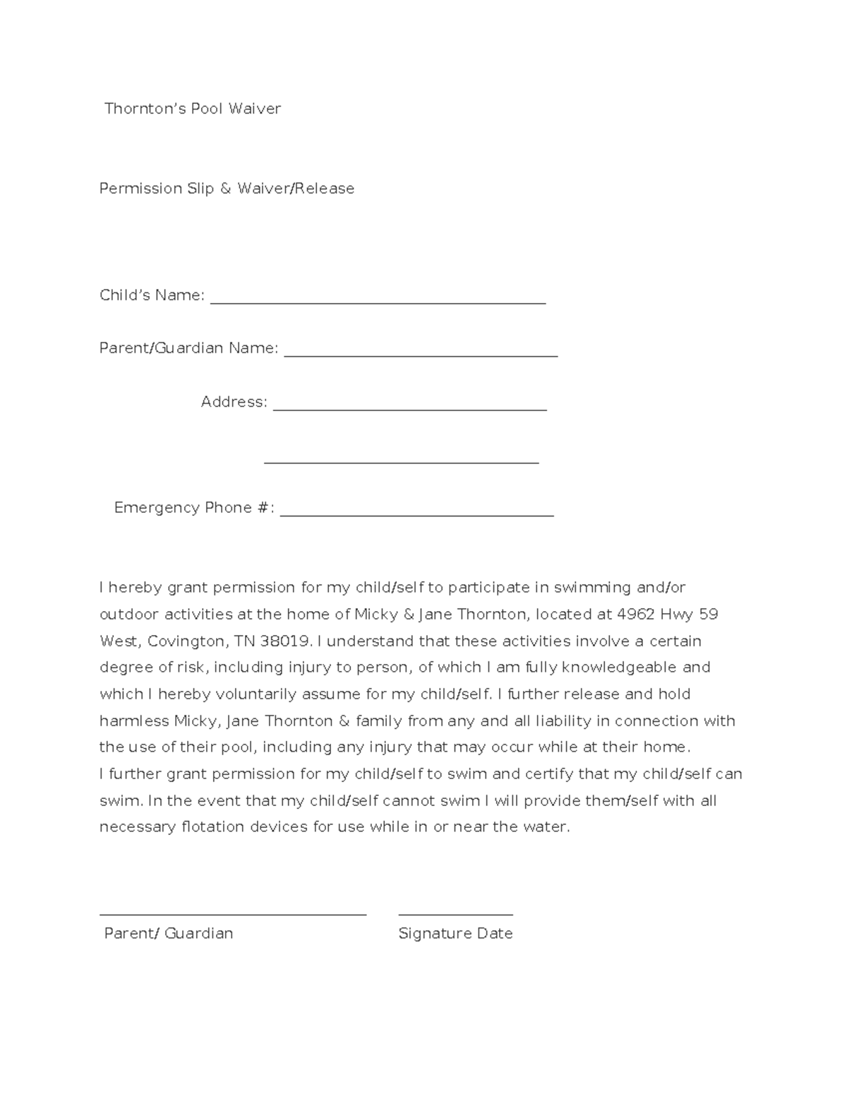 1132017 Thornton waiver 2 - Thornton’s Pool Waiver Permission Slip ...