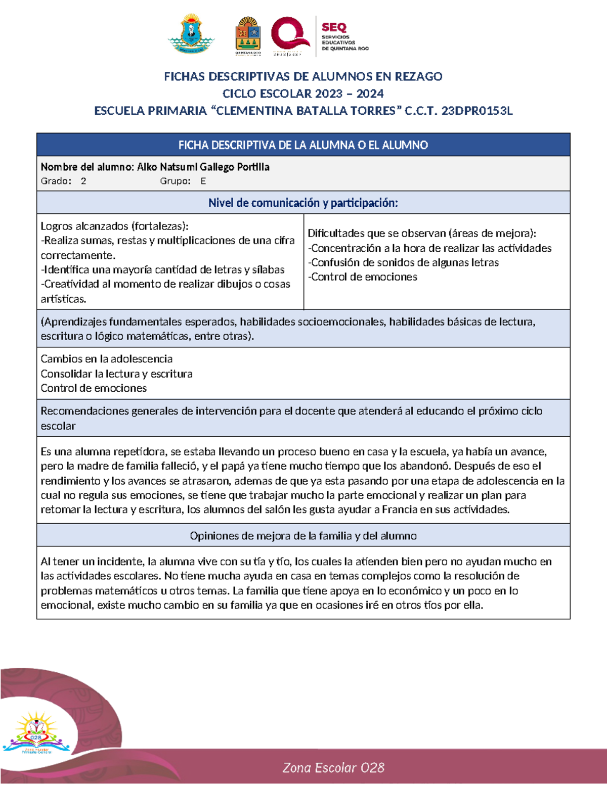 Fichas Descriptivas DE Alumnos EN Rezago 2023-24 - FICHAS DESCRIPTIVAS ...