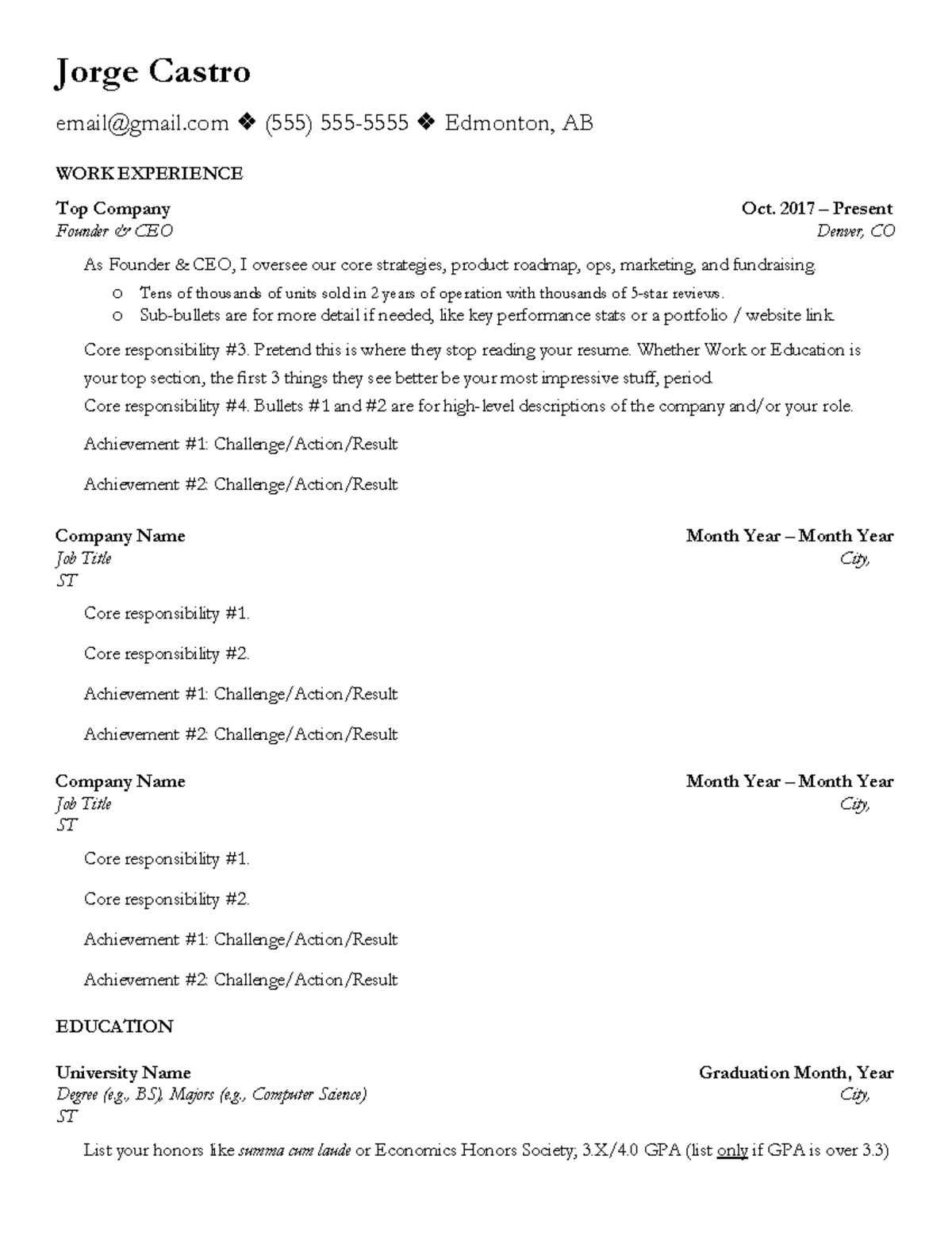 Standard Resume Template - Jorge Castro email@gmail (555) 555-5555 ...