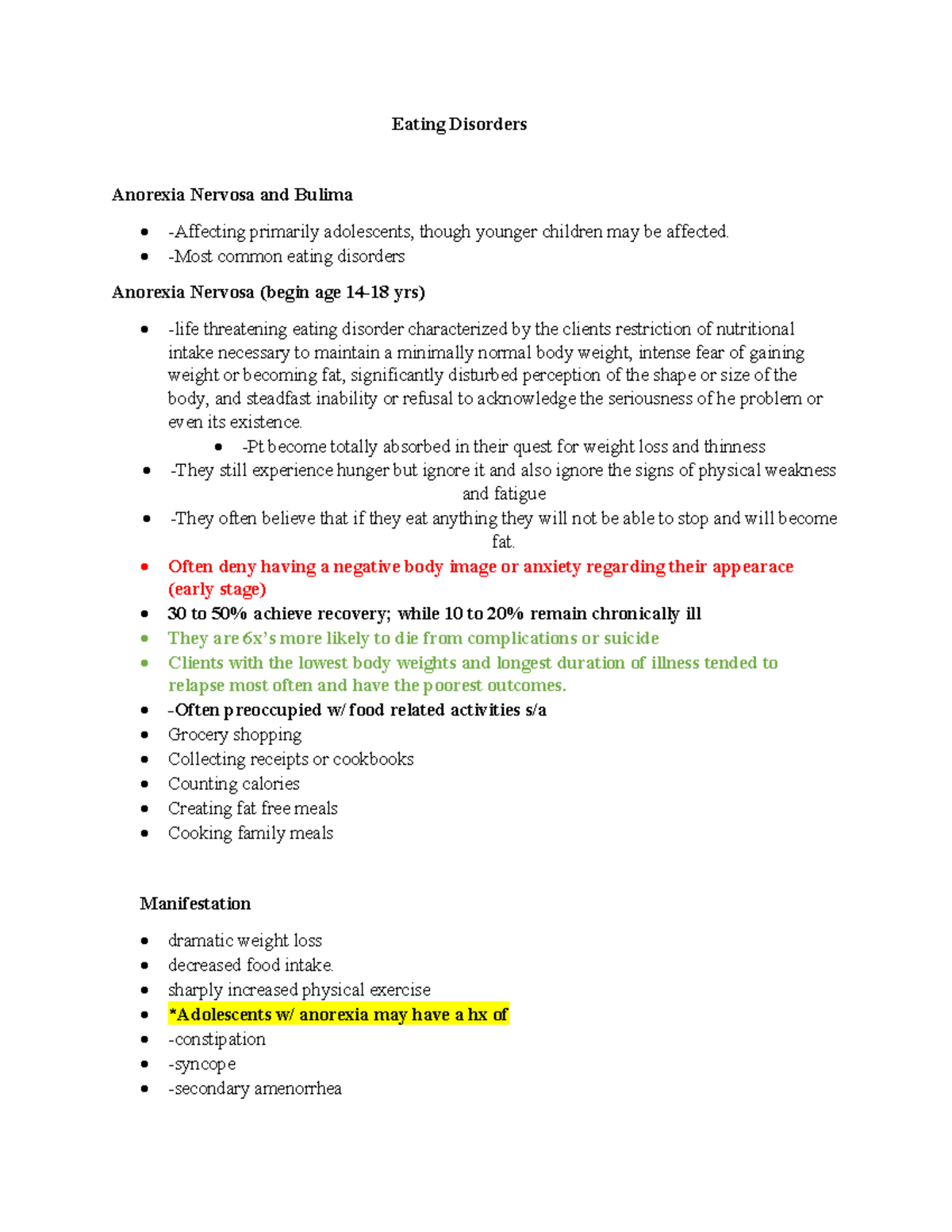 Anorexia Notes - Eating Disorders Anorexia Nervosa and Bulima ...