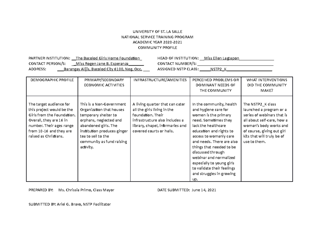 Community-Profile - Yah? - UNIVERSITY OF ST. LA SALLE NATIONAL SERVICE ...