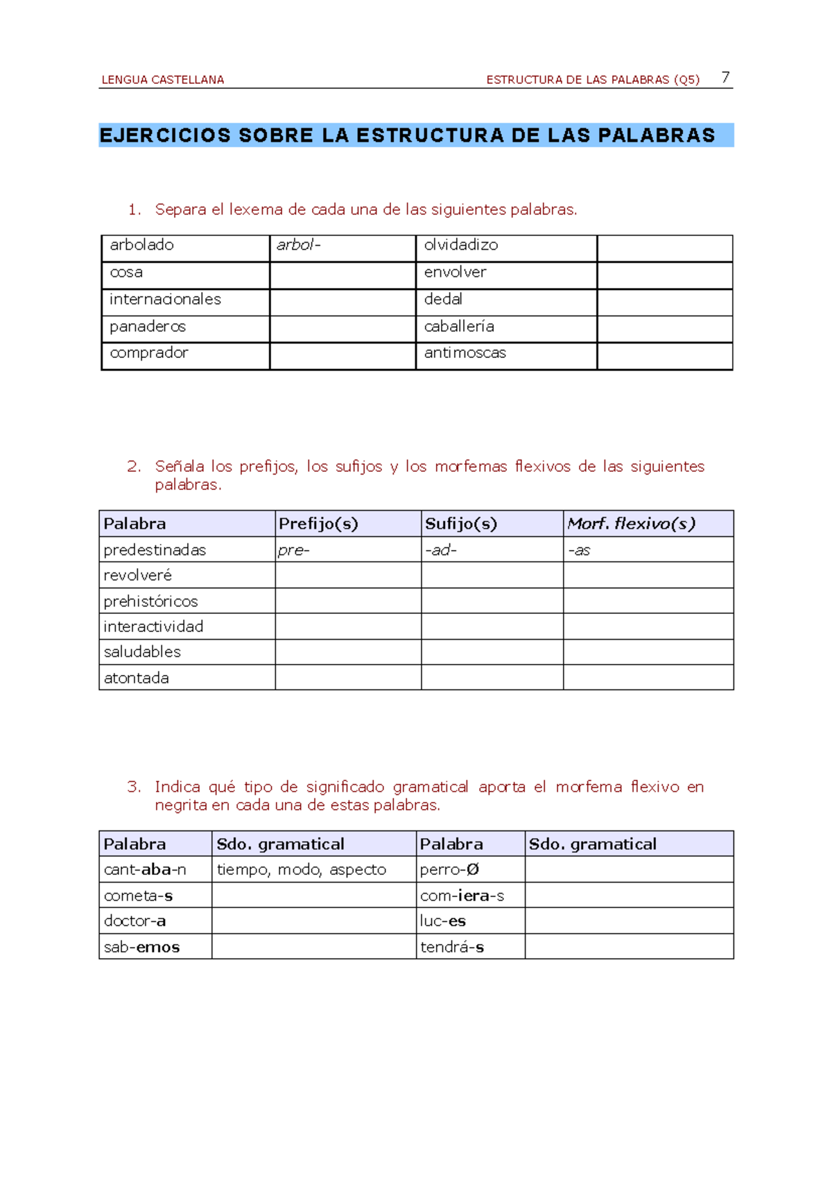 La estructura de las palabras (ejercicios con solucionario) - Lengua ...