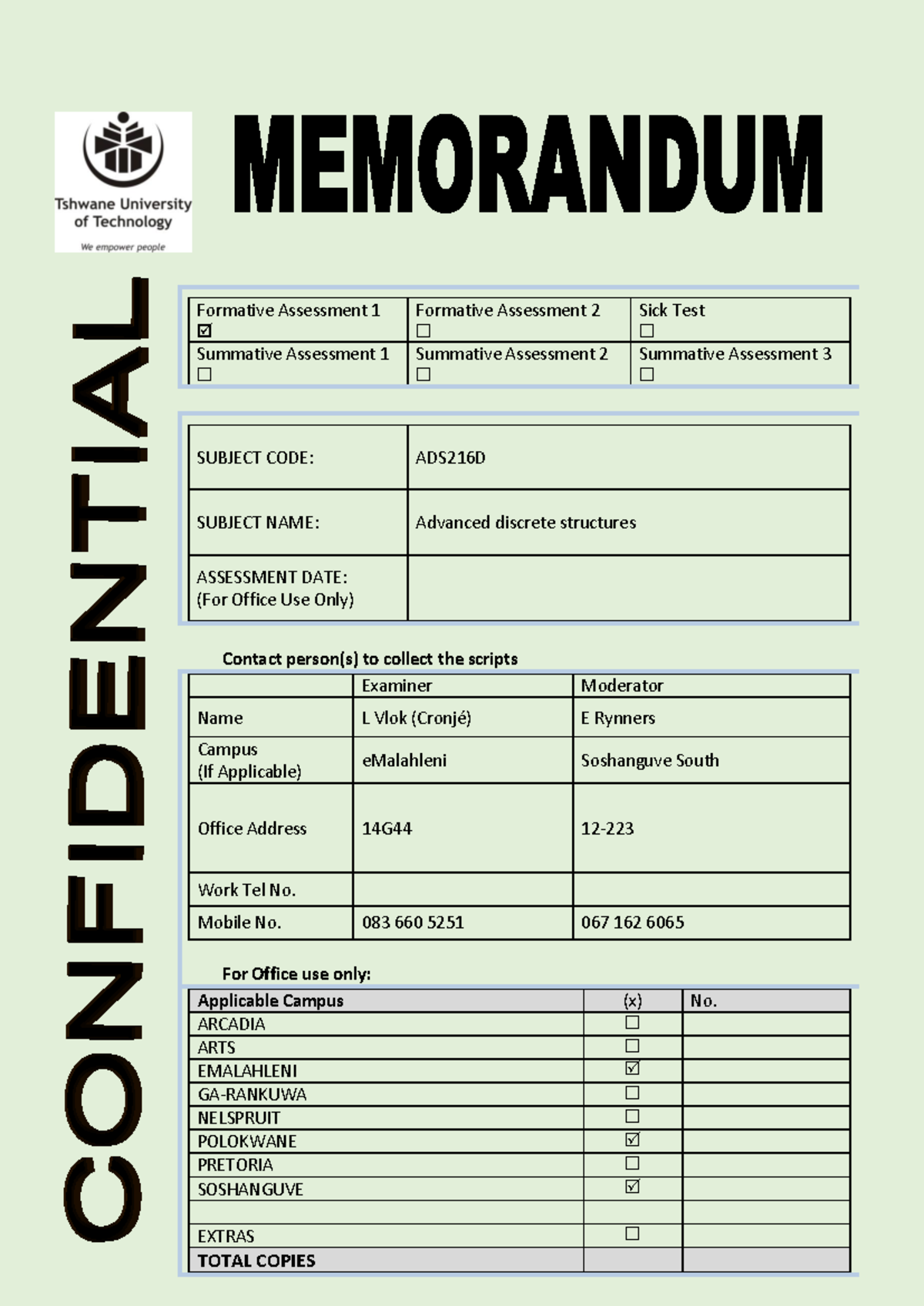 ADS Sem test1 MEMO - fa1 - Formative Assessment 1 Formative Assessment ...