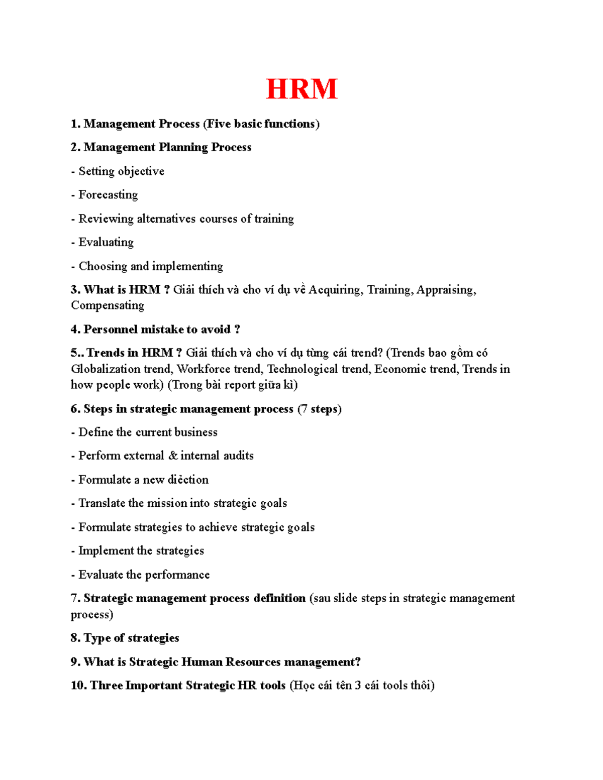 HRM - tham khao - HRM Management Process (Five basic functions) Management Planning Process ...