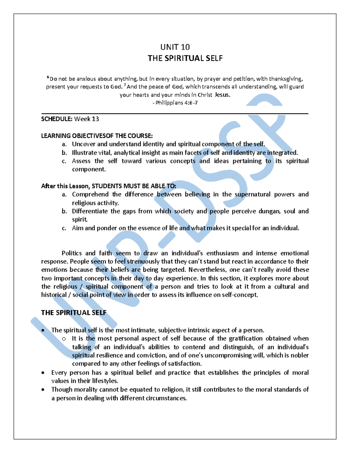 Unit 10 - Spiritual SELF - UNIT 10 THE SPIRITUAL SELF 6 Do not be ...