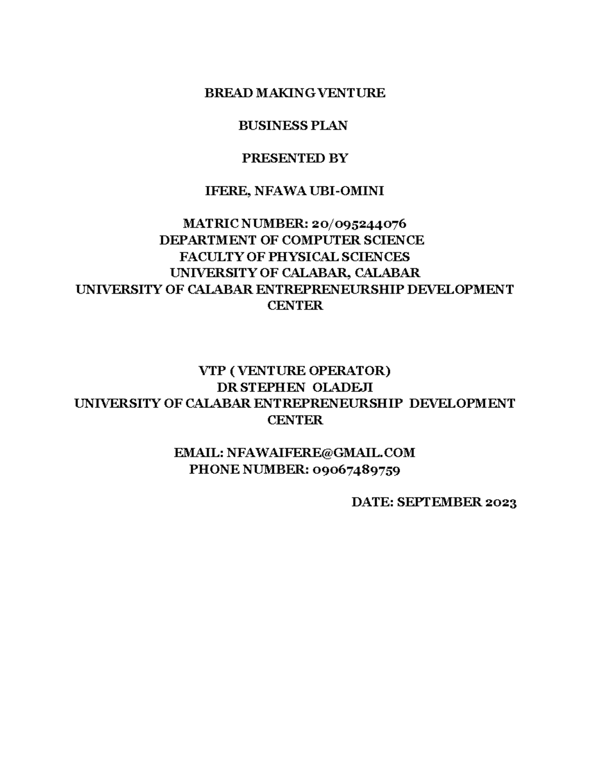 Nwhfa Business plan - BREAD MAKING VENTURE BUSINESS PLAN PRESENTED BY ...