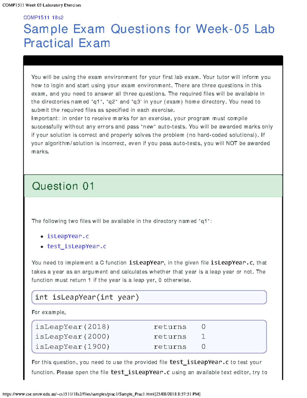 Exam, questions - COMP1511 Week 03 Laboratory Exercises COMP1511 18s2 Sample Exam Questions for ...