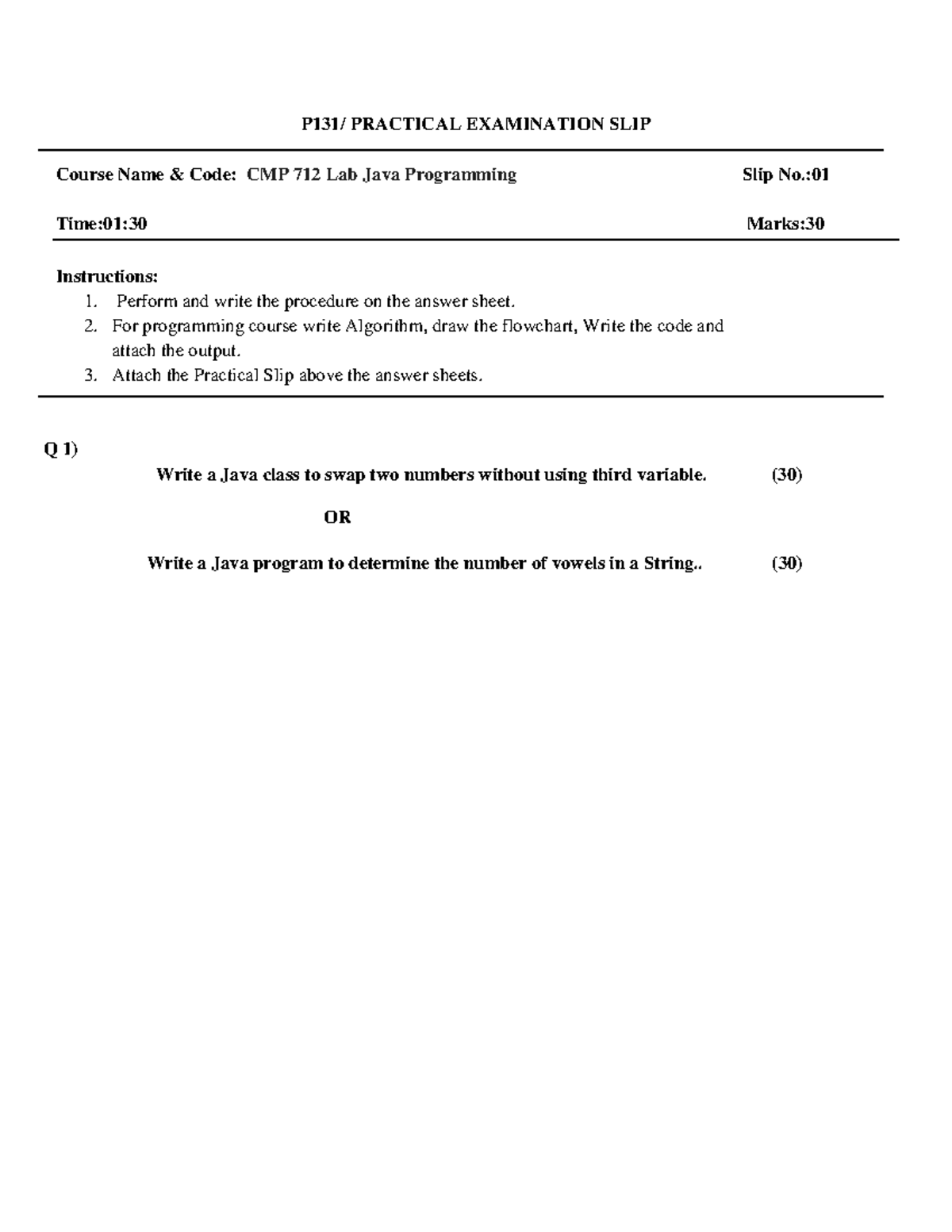 CMP 712 Lab Java Programming - : Time:01:30 Marks: Instructions: 1 ...