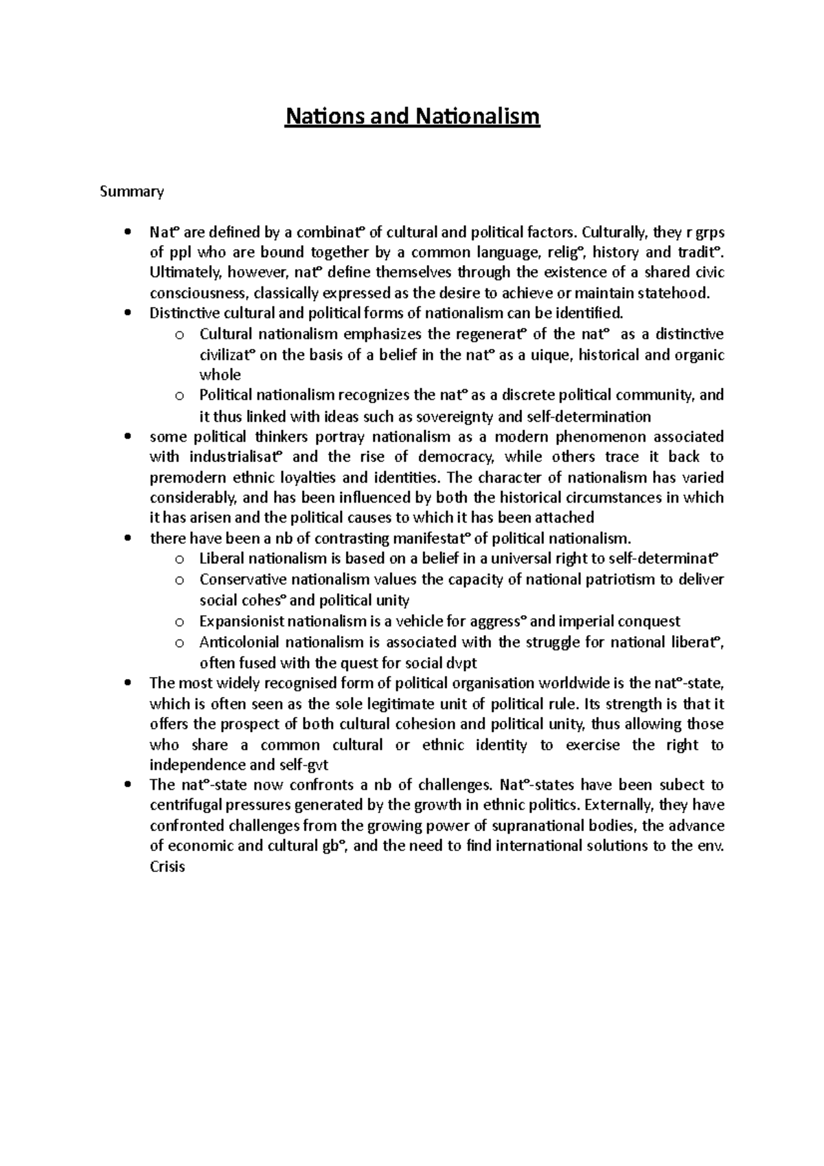 16) Nations and Nationalism - Naions and Naionalism Summary Nat° are ...