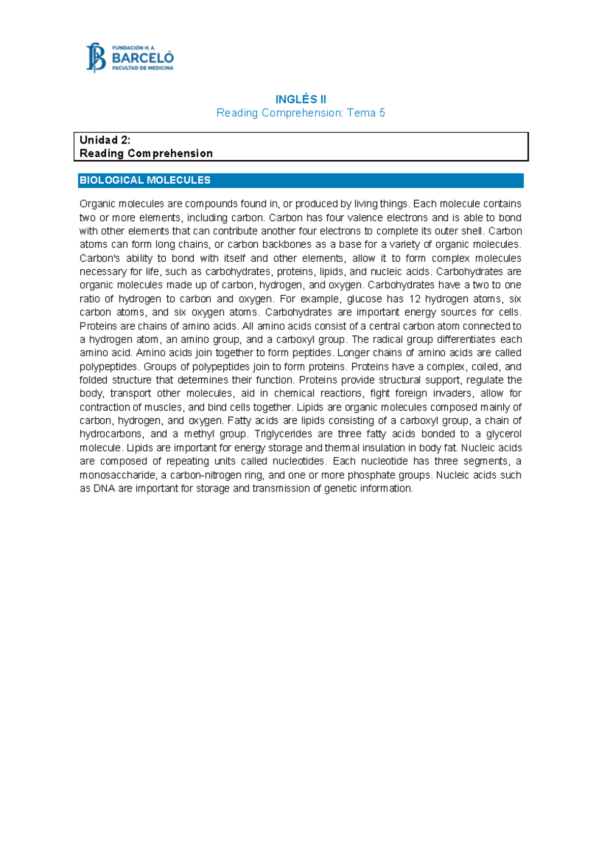 Ud2 tema 5 Reading-Biological Molecules - INGLÉS II Reading Comprehension: Tema 5 Unidad 2 ...