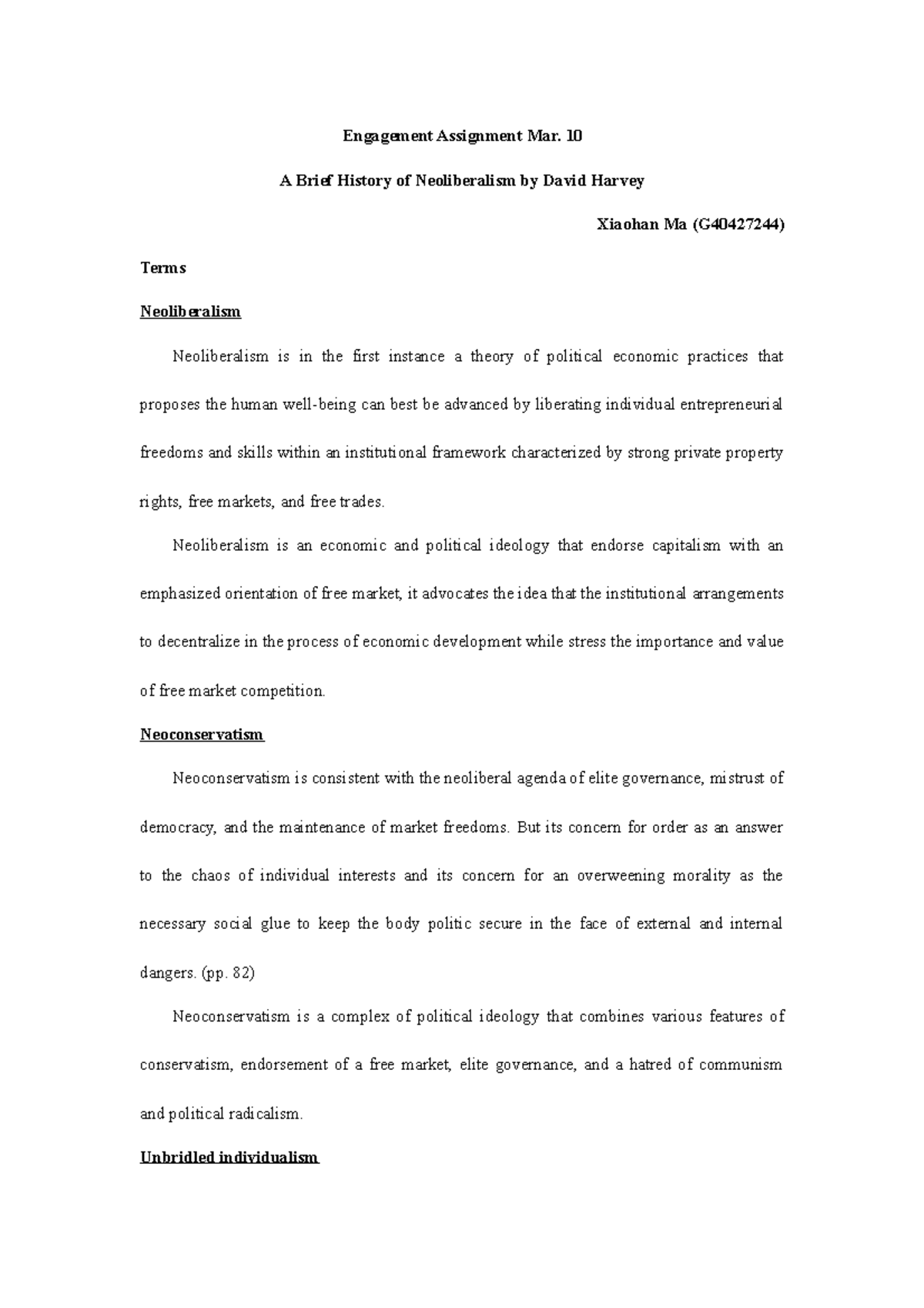 Engagement Assignment Mar. 10 - 10 A Brief History of Neoliberalism by ...