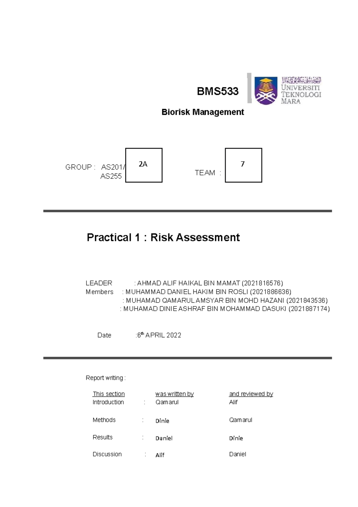 Practical 1 - Report Submission Group 7 - Copy - BMS Biorisk Management ...