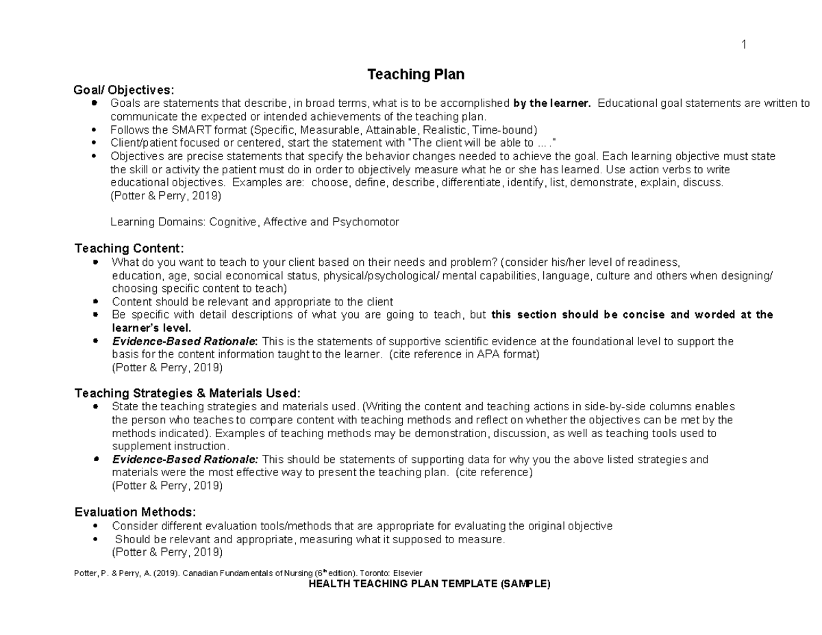 NC2 Health Teaching PLAN Sample & Template - 1 Teaching Plan Goal ...