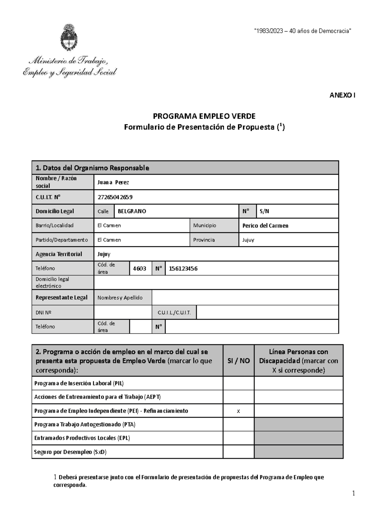 Gomez, Lorena- Formulario Propuesta Empleo Verde VF - ANEXO I PROGRAMA EMPLEO VERDE Formulario ...