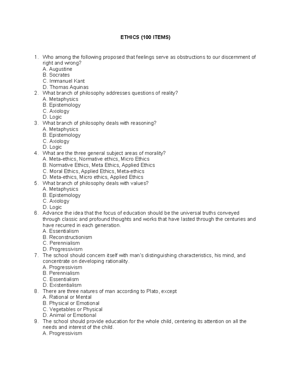 PPS Ethics Raw Set 1 - Review - ETHICS (100 ITEMS) Who among the ...