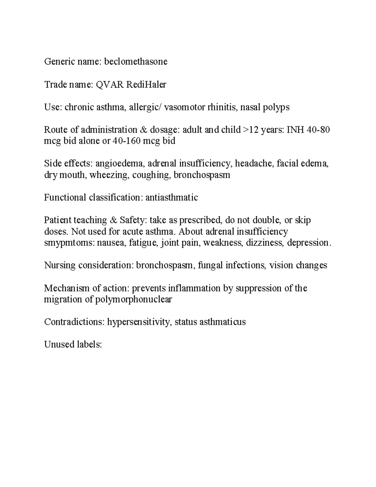 Drug cards week 4 - Generic name: beclomethasone Trade name: QVAR ...
