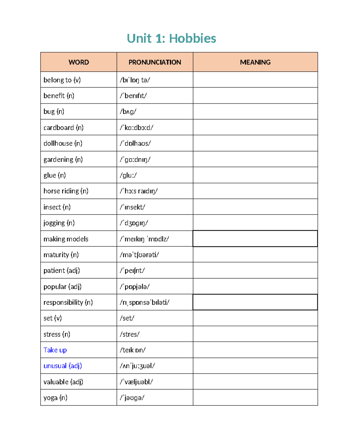 Wordlist TIẾNG ANH - Unit 1: Hobbies WORD PRONUNCIATION MEANING belong ...