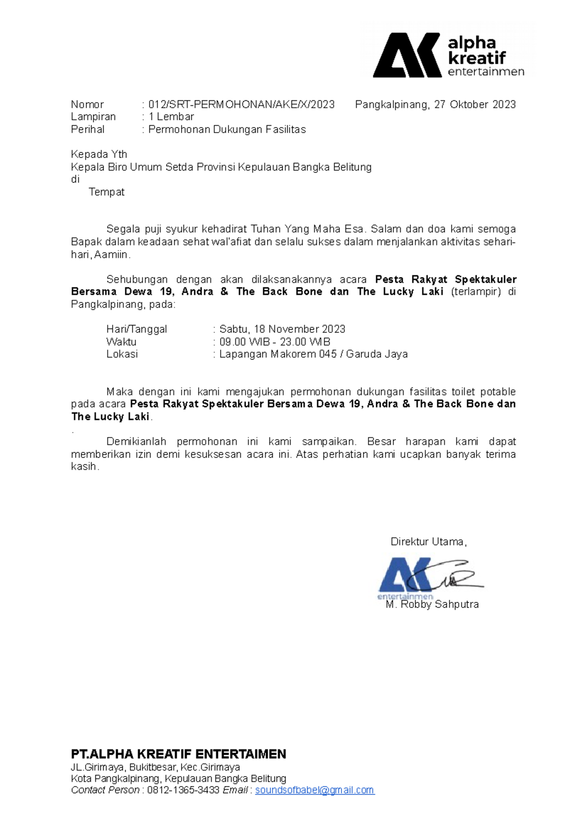 Surat Biro Umum - same - Nomor : 012/SRT-PERMOHONAN/AKE/X/2023 ...