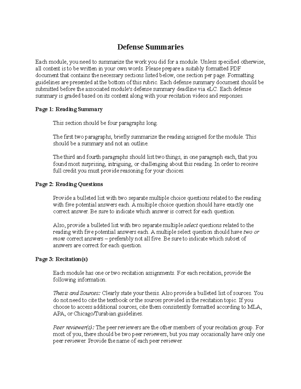 Defense summary rubric - Defense Summaries Each module, you need to ...