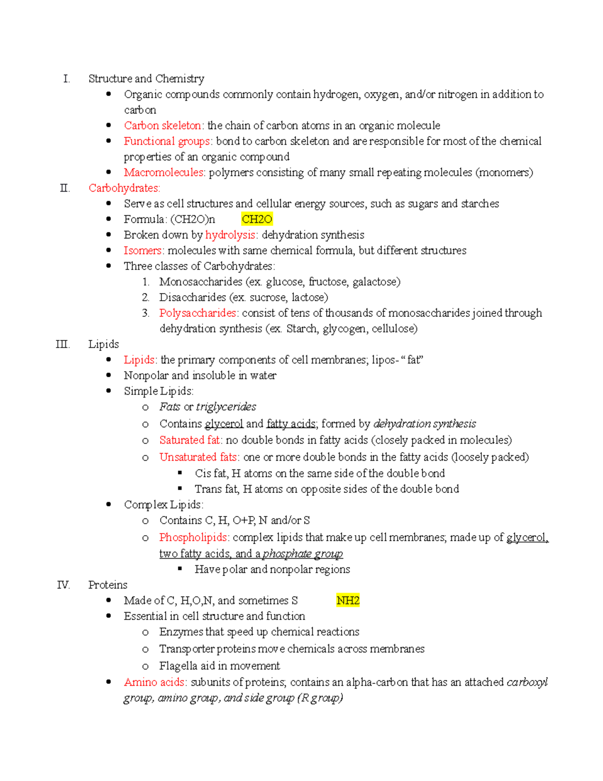 Microbiology Lecture 2 Organic Compounds - I. II. IV. Structure and ...