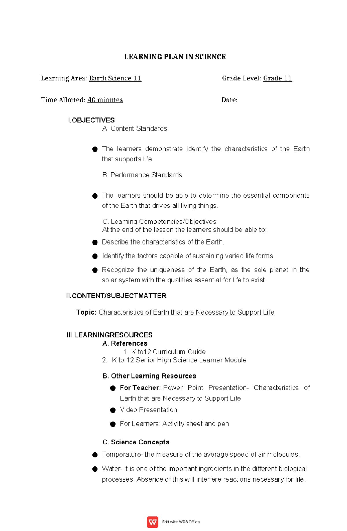 Semi-Detailed LP - LEARNING PLAN IN SCIENCE Learning Area: Earth ...