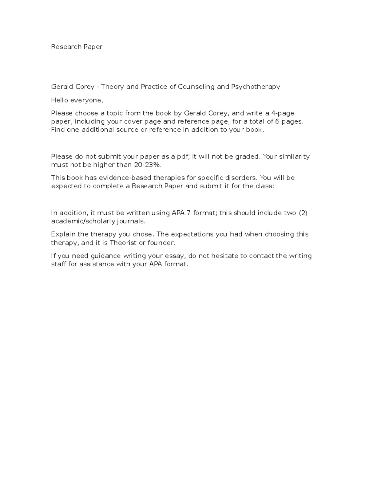 Research Paper Gerald Corey - Find one additional source or reference ...