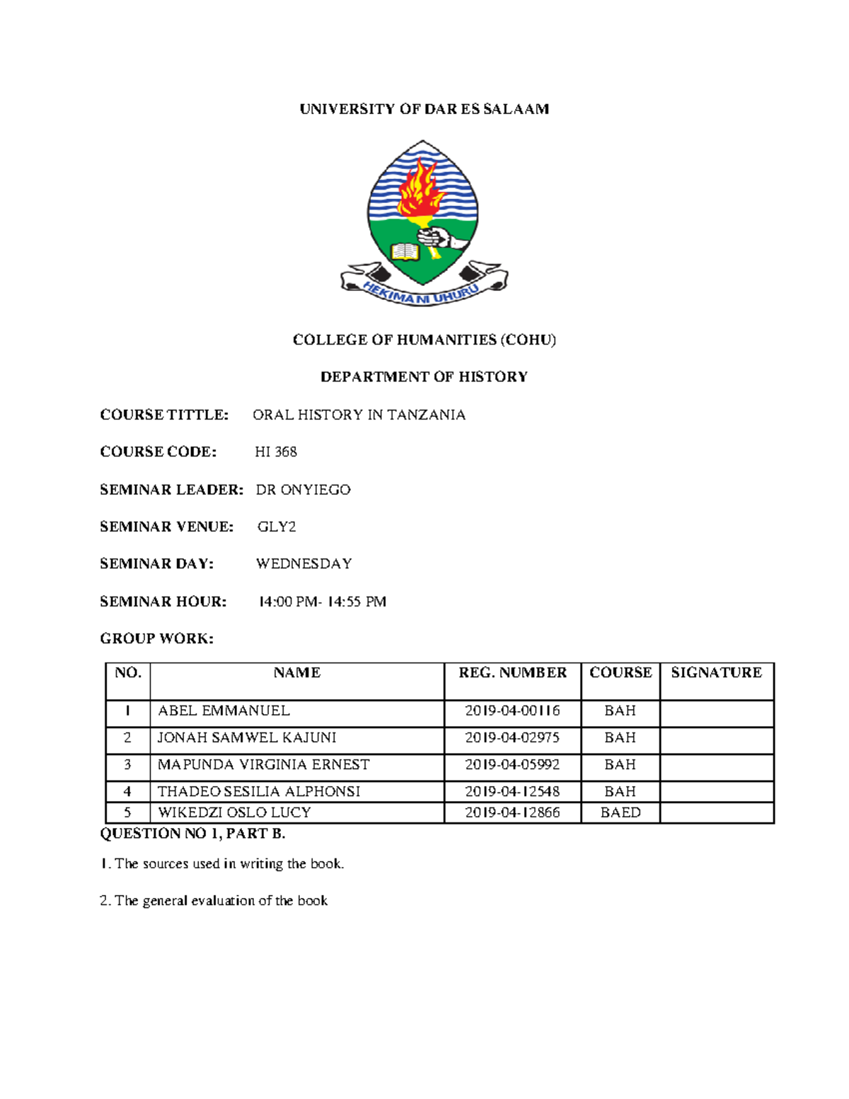 Isaria N Kimambo HI 368 Qn. 1 Part B - UNIVERSITY OF DAR ES SALAAM ...