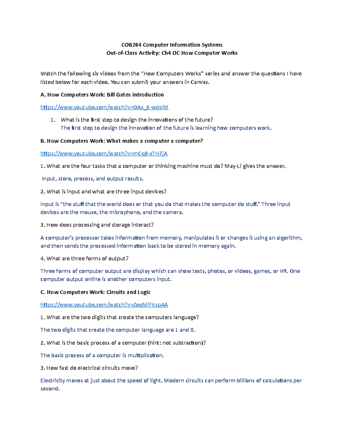 Ch4 How Computer Works WS - COB204 Computer Information Systems Out-of-Class Activity: Ch4 OC ...