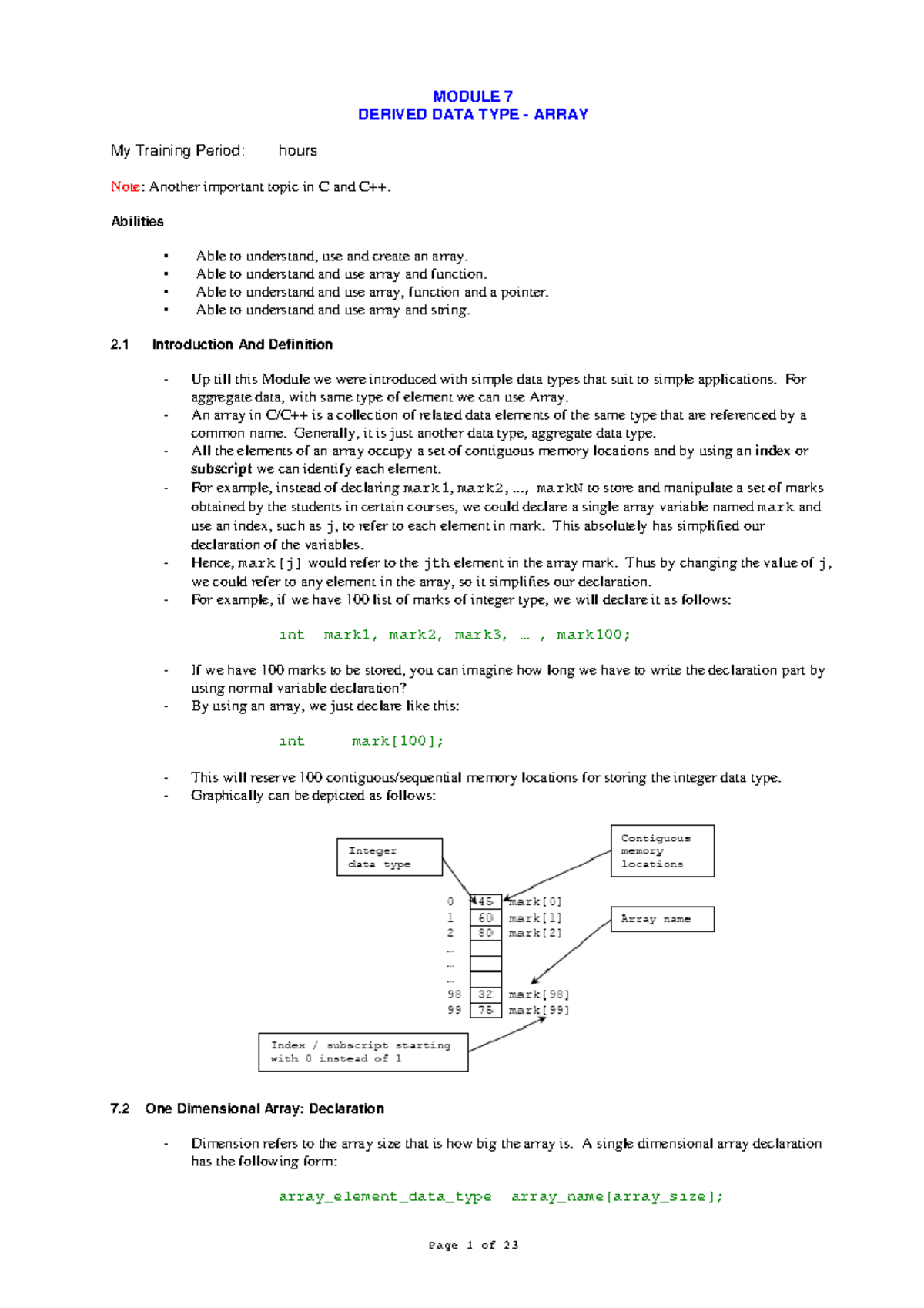 Module 7 Derived DATA TYPE - Array - MODULE 7 DERIVED DATA TYPE - ARRAY ...