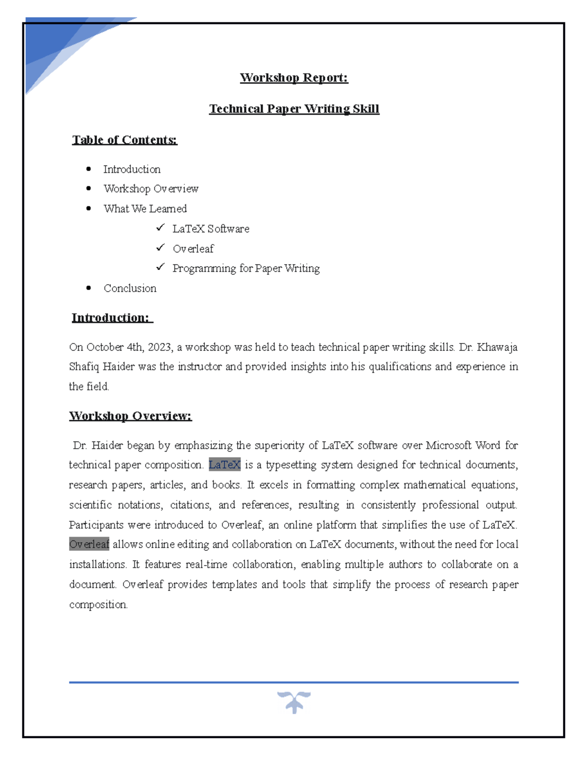 Technical report writing and communication skills - Workshop Report ...