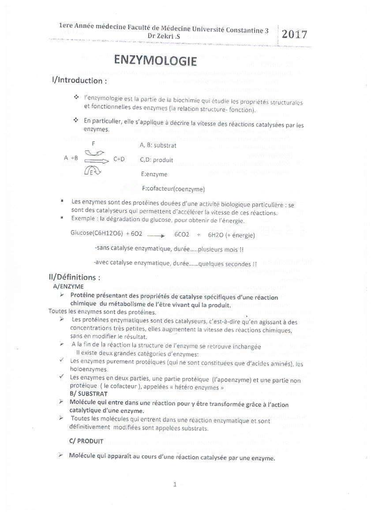 Bioch 1an-enzymologie - cours de médecine générale - Studocu