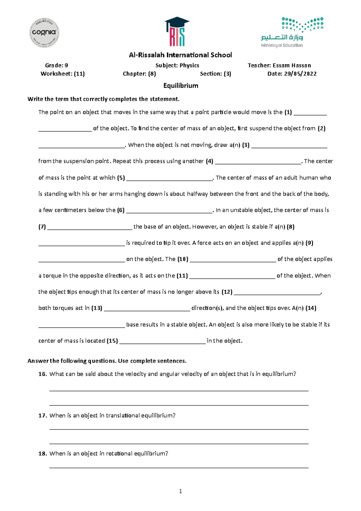 Grade 9 Worksheet 8 - THis is a physicis work sheet - Al-Rissalah ...