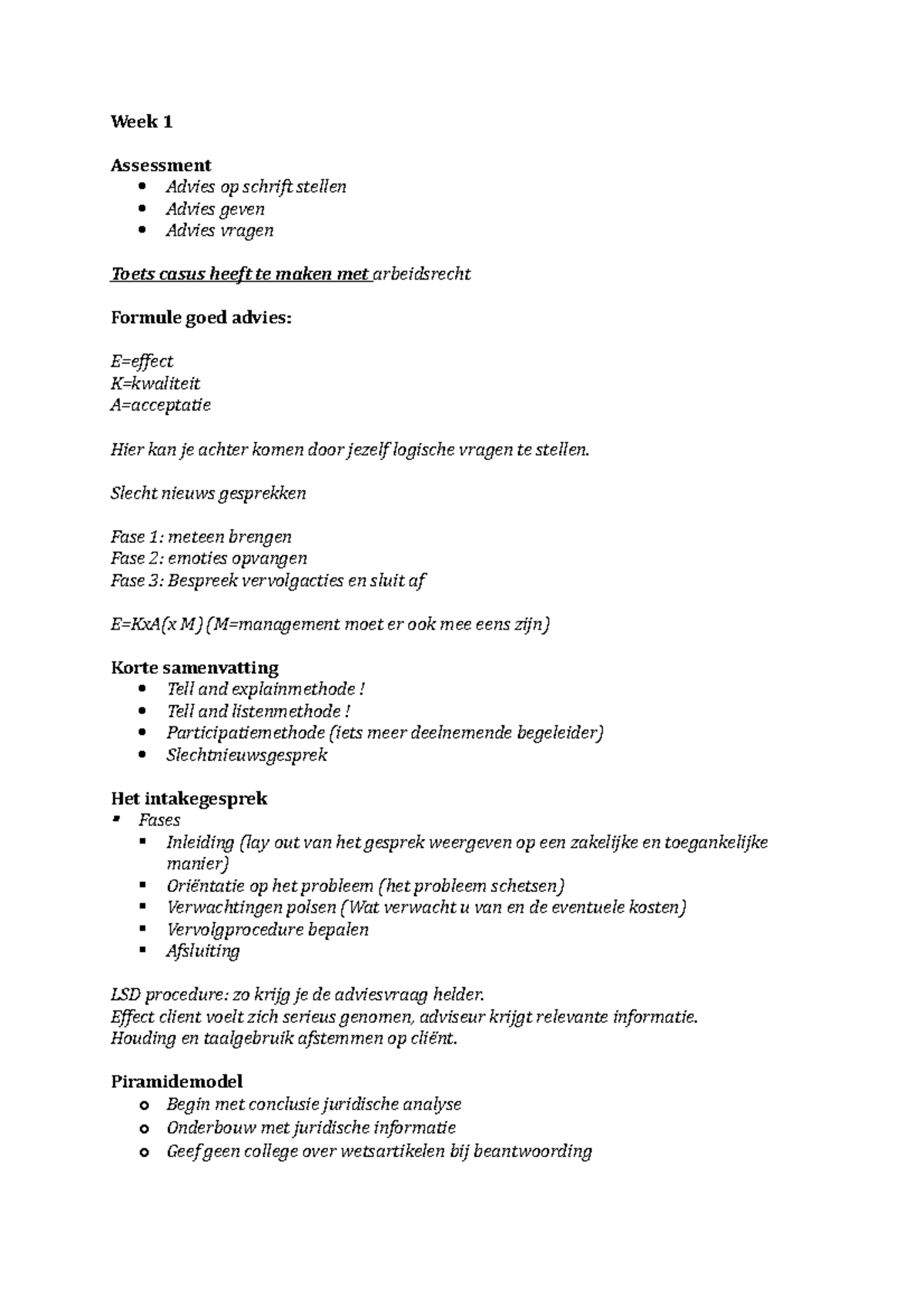 Adviseren - Aantekeningen - week 1 - Week 1 Assessment Advies op ...