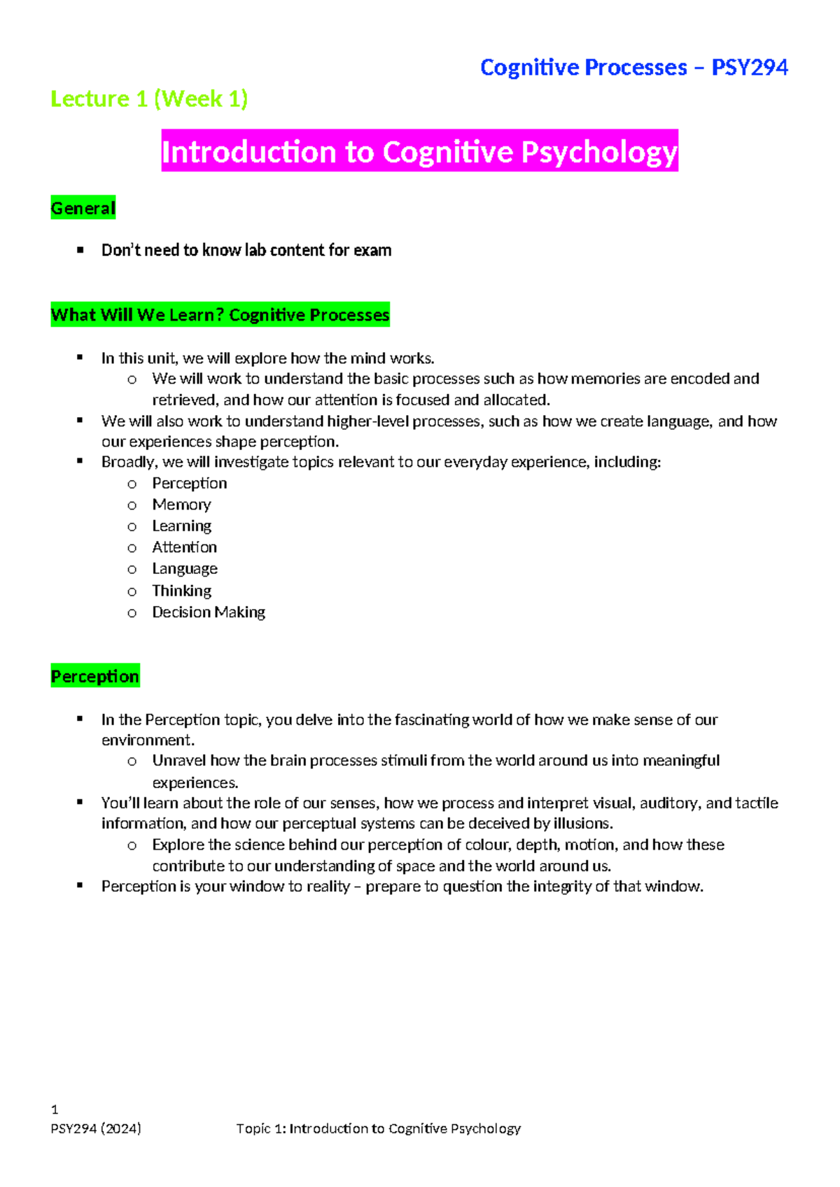 L1 - Introduction to Cognitive Psychology - Cognitive Processes – PSY ...