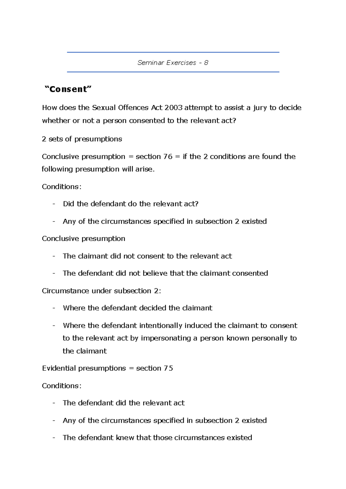 Consent - Seminar Exercises - 8 “Consent” How does the Sexual Offences ...